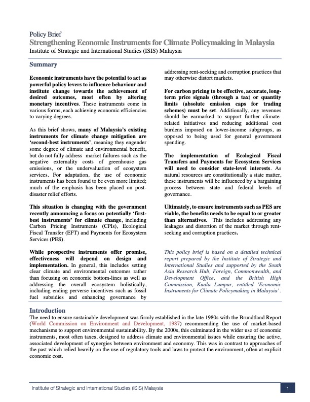 Strengthening economic instruments for climate policy in Malaysia | ISIS